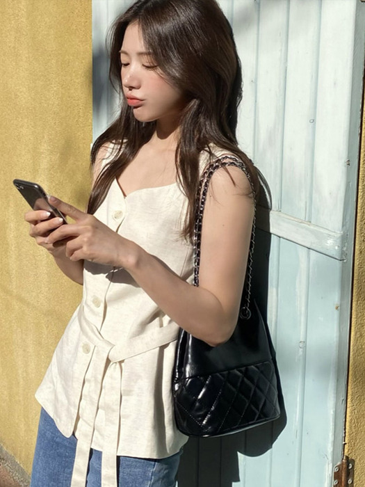 트위 [TWEE] [정향`PICK] 루미스 린넨 슬리브리스 벨트 블라우스 - 위시버킷