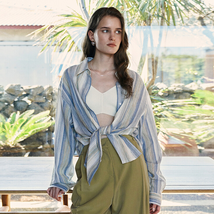 니브 Summer Color Pattern Over Fit Shirt (Blue) - 위시버킷