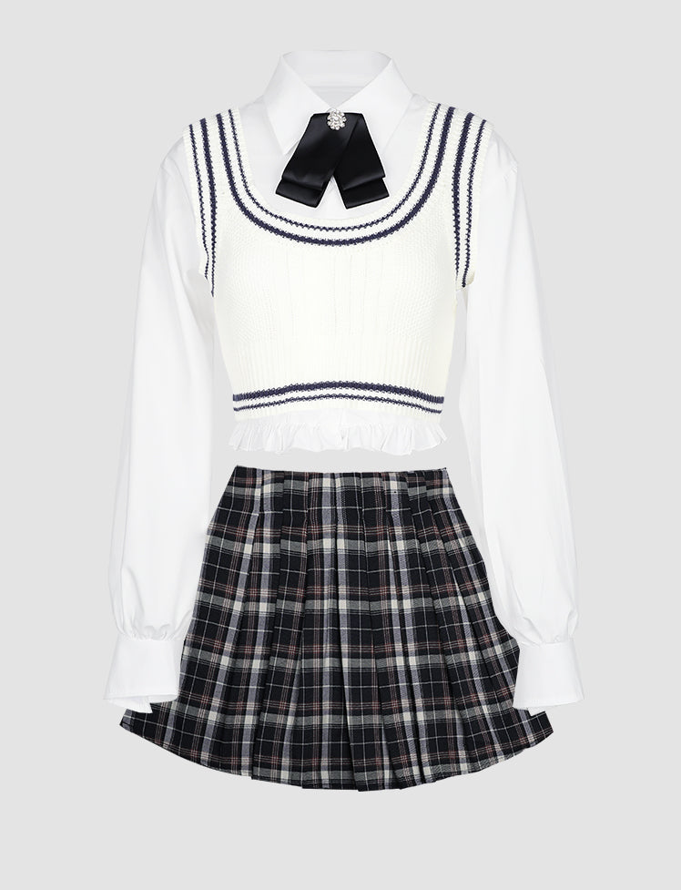 JUICICI White Knit Tank Top&Lace Pleated Crop Blouse&Plaid Pleated ...