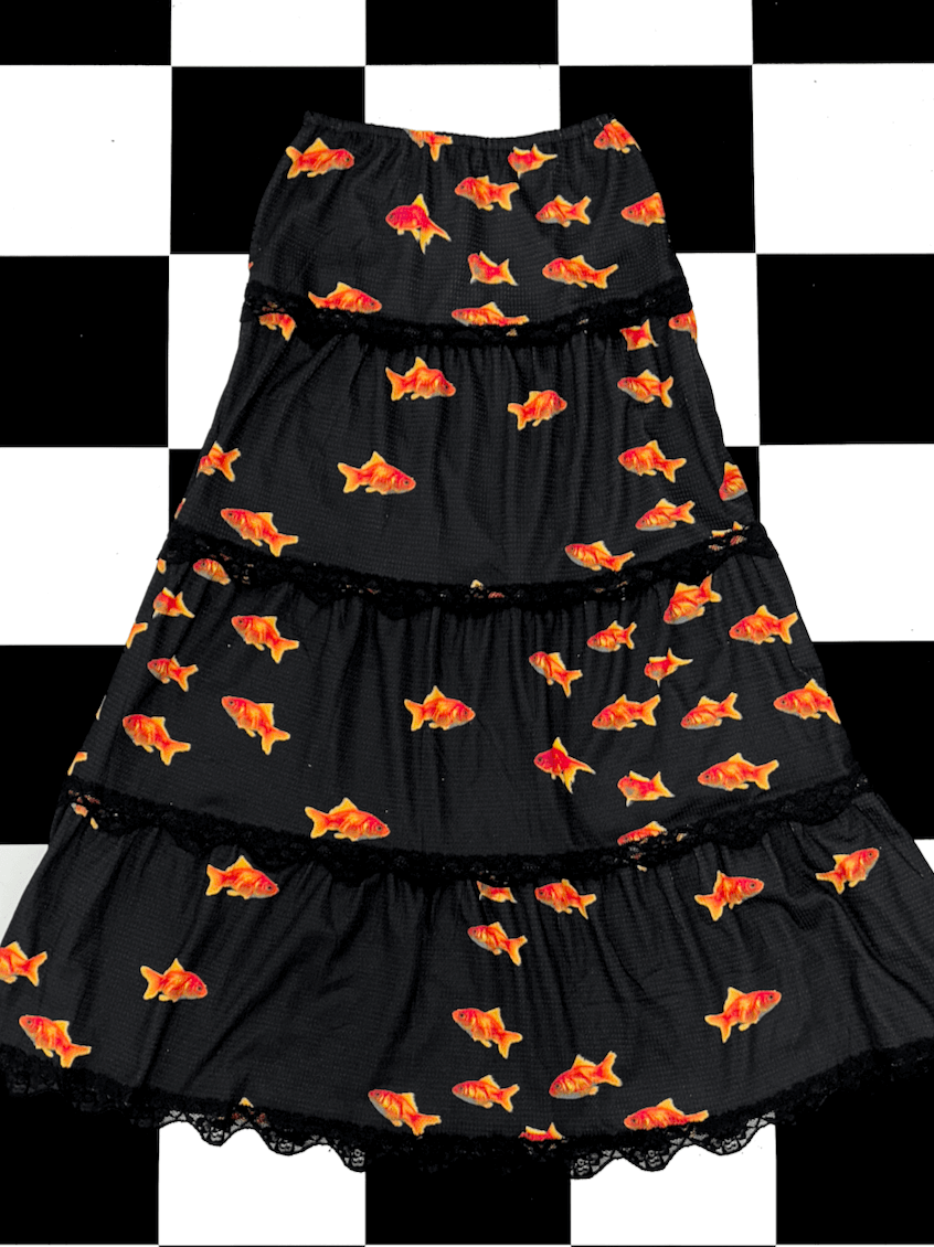 오마이티 GOLDFISH WAFFLE LONG SKIRT IN BLACK - 위시버킷