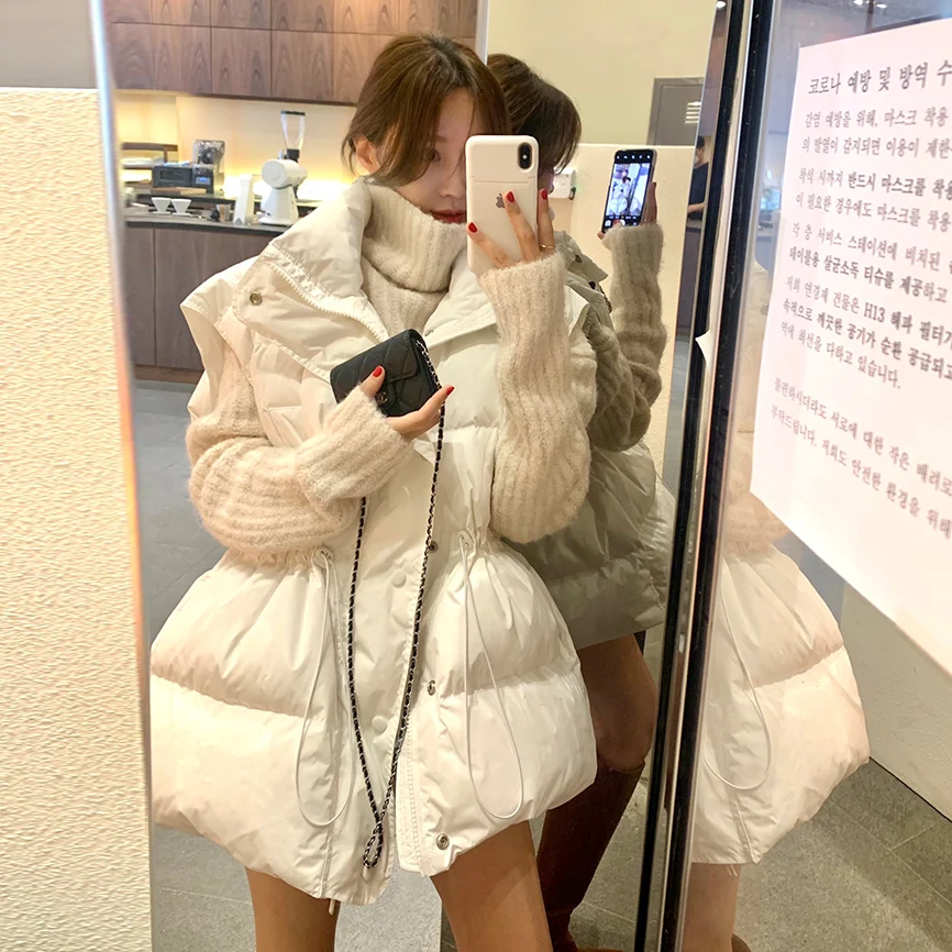 여성용 루즈한 허리 드로스트링 브레드 슈트 두꺼운 코트 미디엄 롱 다운 패딩 코트 조끼 착용 가을 및 겨울 위시버킷