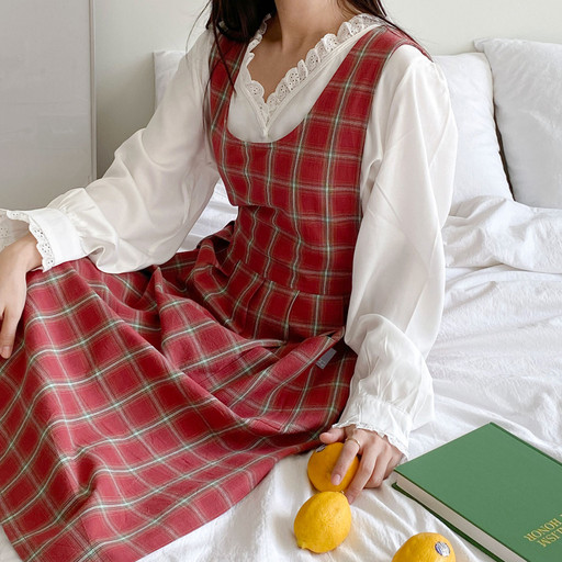 한스데이 📌이니셜자수각인🧵 메리앤 체크 원피스앞치마 2col - 위시버킷