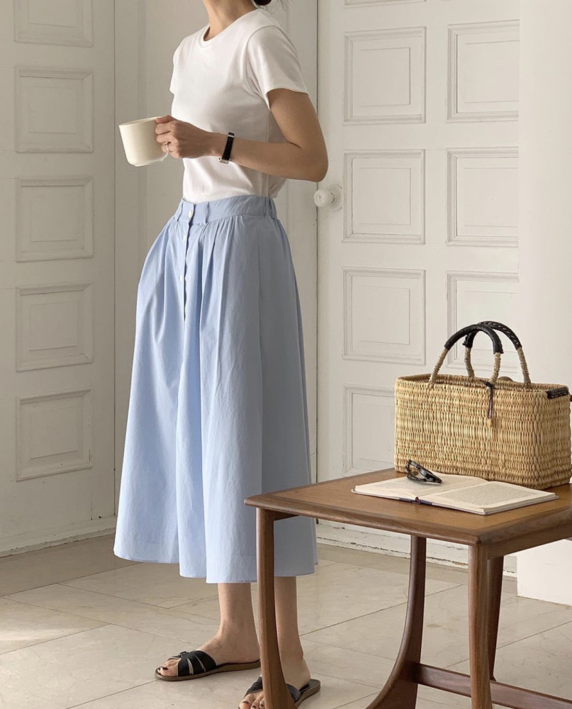 페브러리 페브러리 feb11 버튼 스커트 (2col) - 뒷밴딩 롱치마 에이라인 플레어 면치마 - 위시버킷
