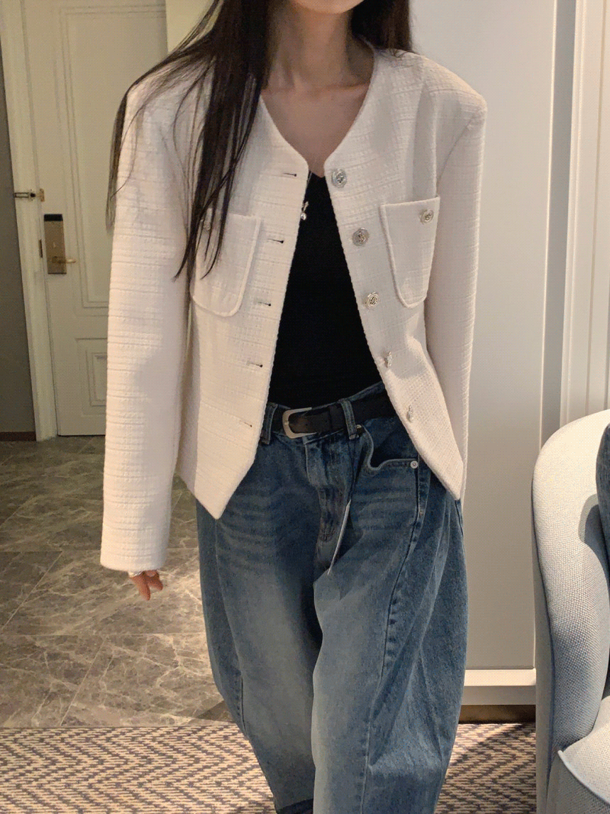 샵보애 (당일발송) formal 포멀 코코 트위드 노카라 자켓 jk (2col) - 위시버킷