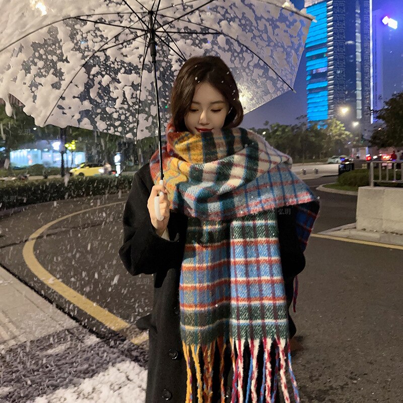 Freeship 2022 년 신제품 여성용 빈티지 컬러풀 격자 무늬 캐시미어 술 스카프 숄 캐시미어 두꺼운 랩 술 따뜻한 스카프