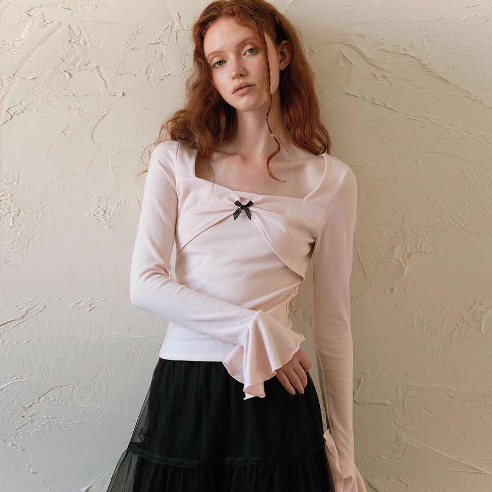 던드롭 DD_Bow square neck bell sleeve top - 위시버킷