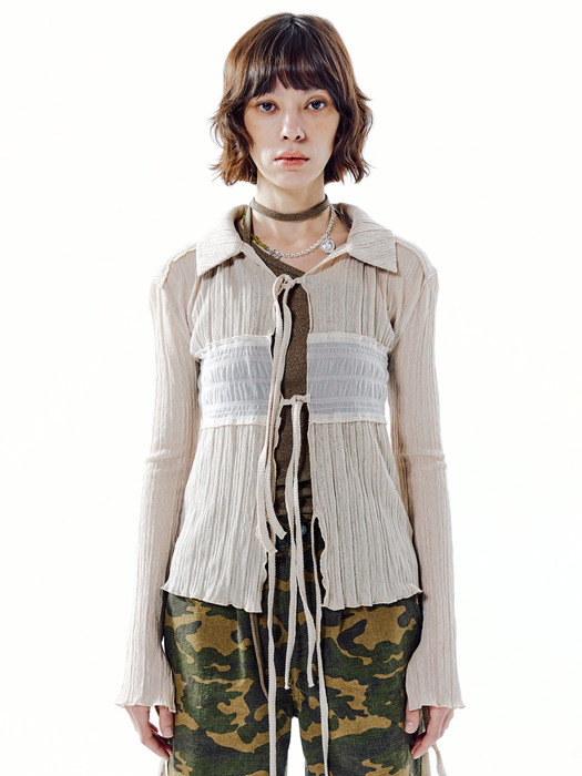 데비어퍼 WAVY PLEATS STRING SHIRT_BEIGE - 위시버킷