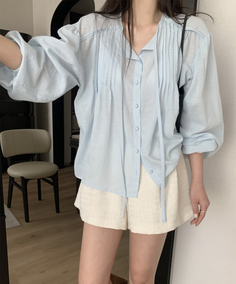 버나뎃 버나뎃 멜라운지 웨이브 핀턱 블라우스 (2col) mellounge - 위시버킷