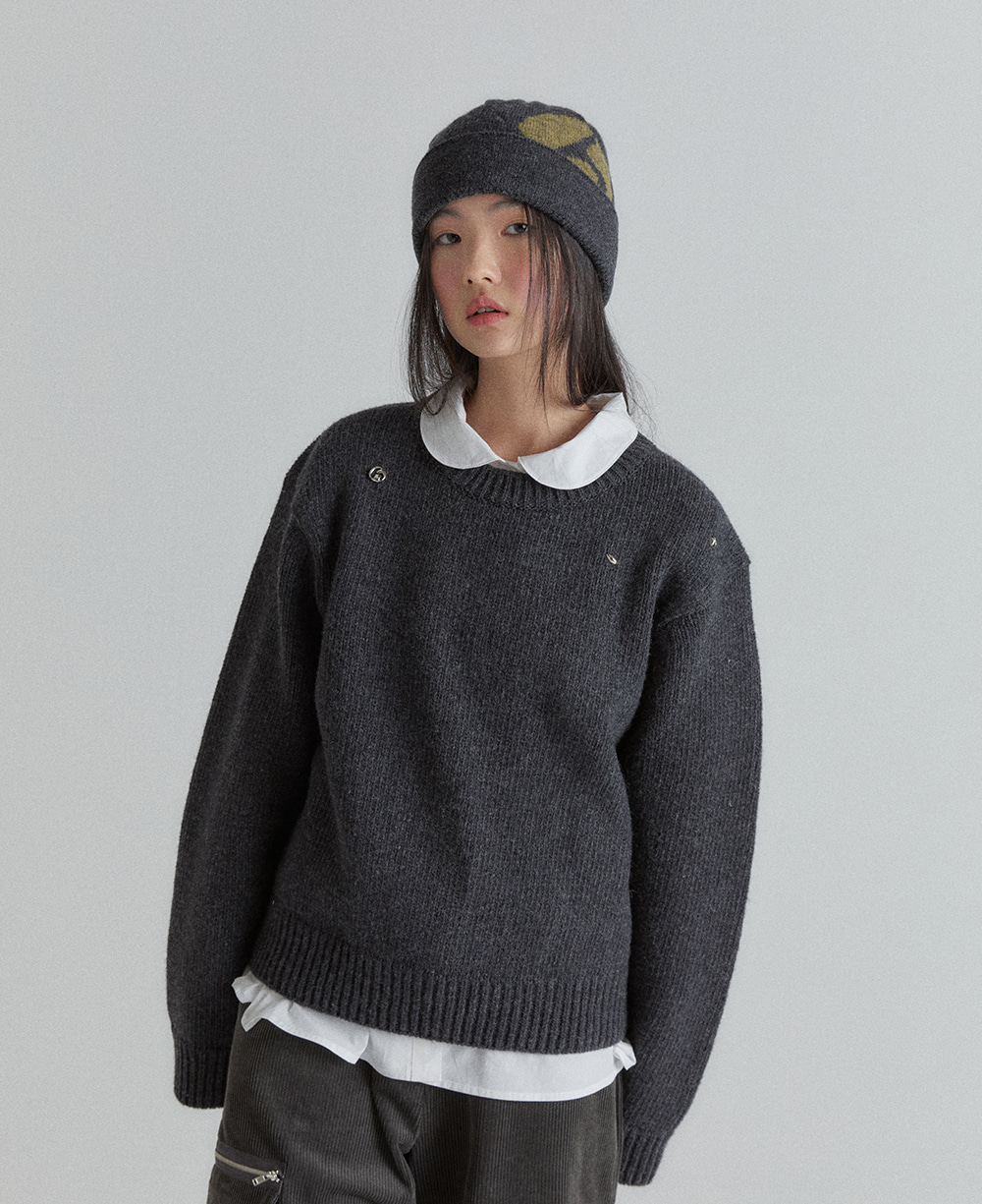 오헤시오 standard wool beads round pull-ove knitted (Charcoal) - 위시버킷