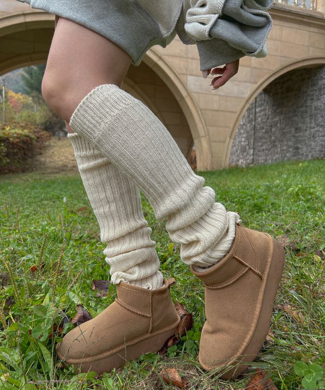 로우슬로우 [4color] 1+1 덴프 골지 니트 레그 워머 겨울 니하이 무릎 다리 종아리 롱 레깅스 삭스 - 위시버킷