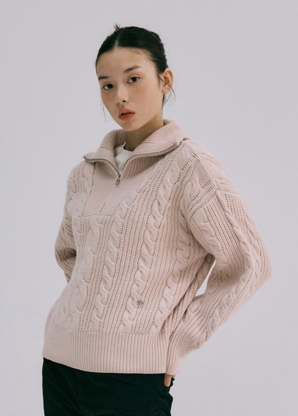 마리떼 W CABLE HALF ZIPUP PULLOVER KNIT pink - 위시버킷