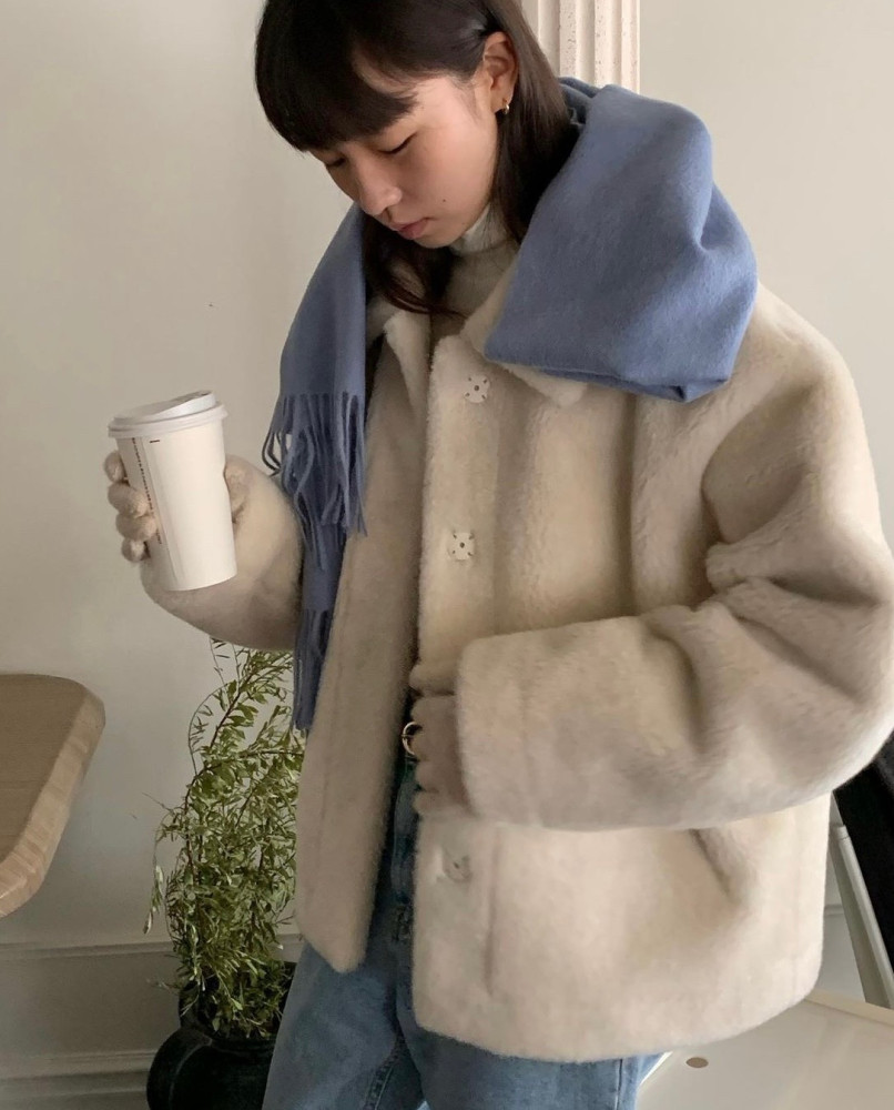 진심 jinsim 진심 페리 시어링 무스탕 양털 울 카라 하프 자켓 - 위시버킷