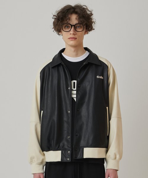 골라 SYNTHETIC LEATHER VARSITY JACKET [IVORY] - 위시버킷