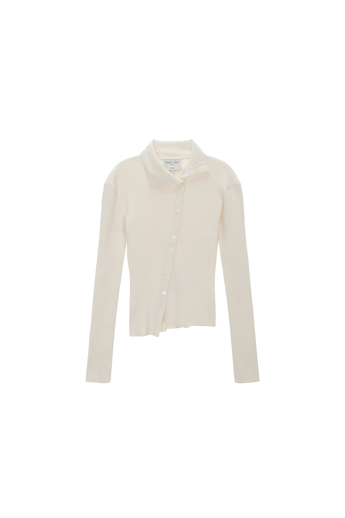 마뗑킴 DIAGONAL BUTTON POINT SLIM CARDIGAN IN IVORY - 위시버킷