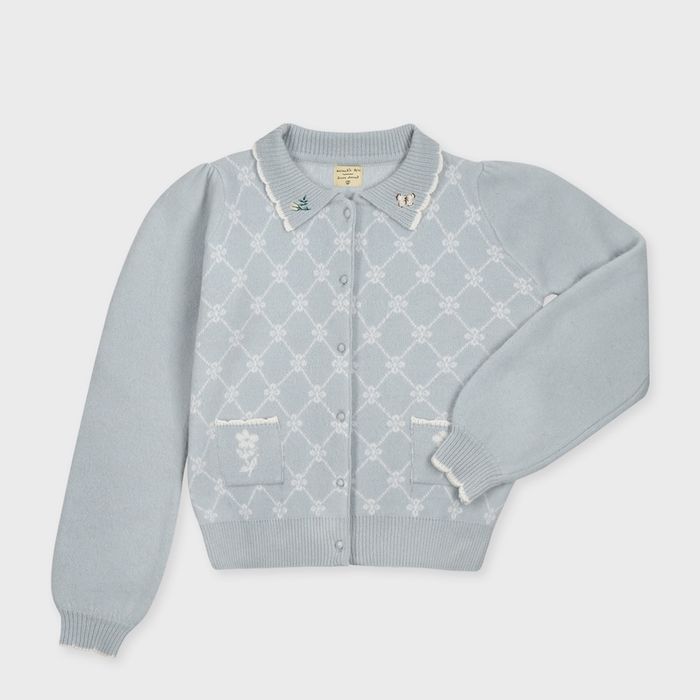 삭스어필 NAT cardigan flower argyle embroidery collar blue grey - 위시버킷