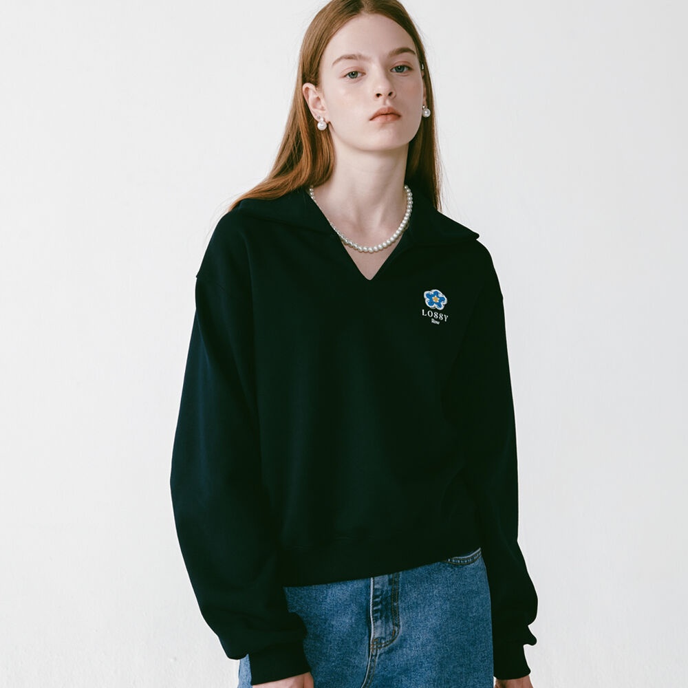 로시로우 Flower Open collar Sweatshirt [Navy] - 위시버킷