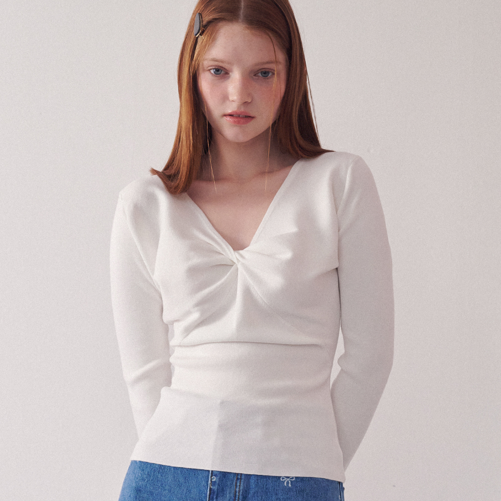 론론 KNOT RIBBON V NECK KNIT IVORY - 위시버킷