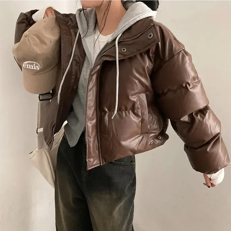 Cp 여성용 가죽 파카 스탠드 칼라 코트 우아한 탄성 커프스 패딩 재킷 여성 패션 가을 겨울 위시버킷
