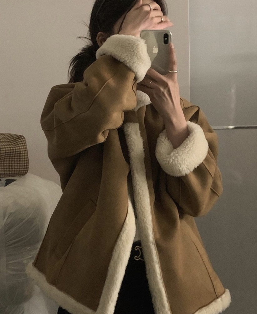 오브제 objet 오브제 아이리스 숄 무스탕 스웨이드 양털 하프 자켓 (2col) - 위시버킷