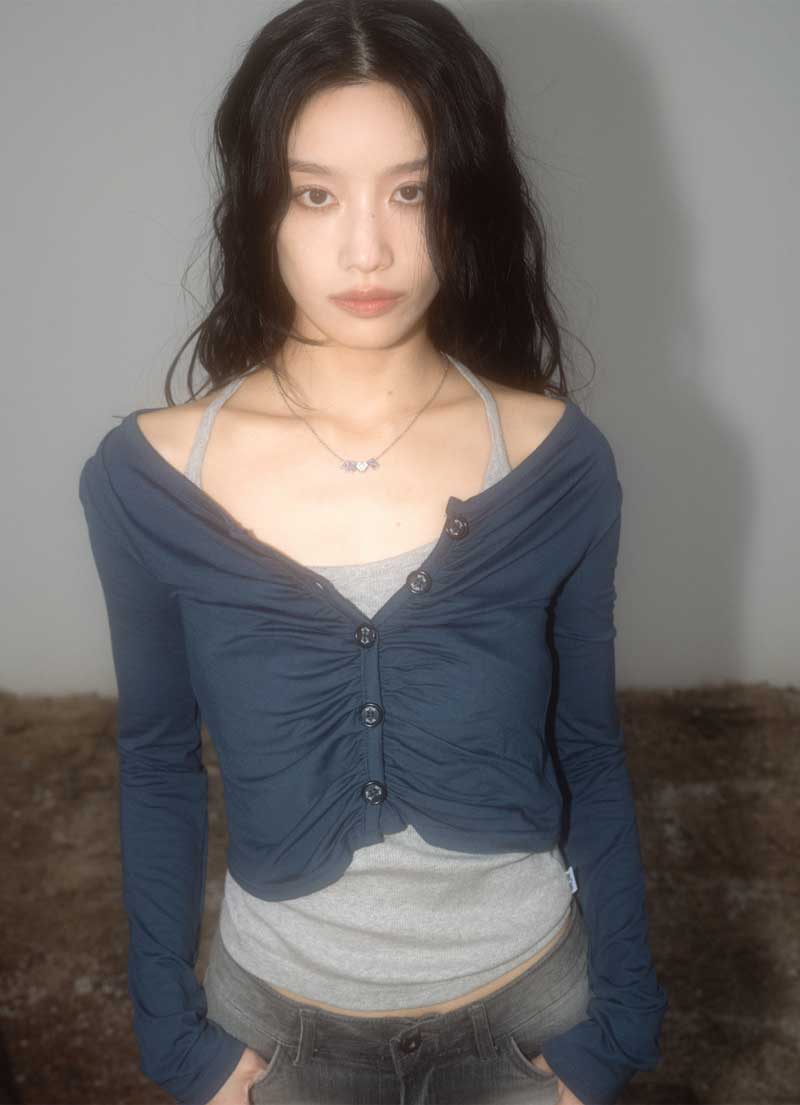 애즈온 SOFFY SHIRRING CARDIGAN / BLUE-GREEN - 위시버킷