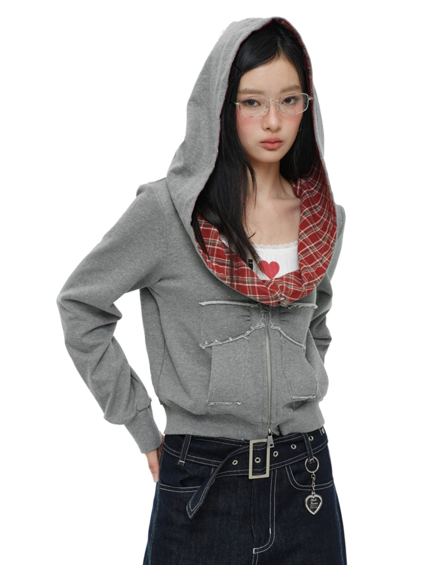 모론 Sweet Letter Ribbon Stitch Plaid Hoodie Zip-up (2ver) - 위시버킷