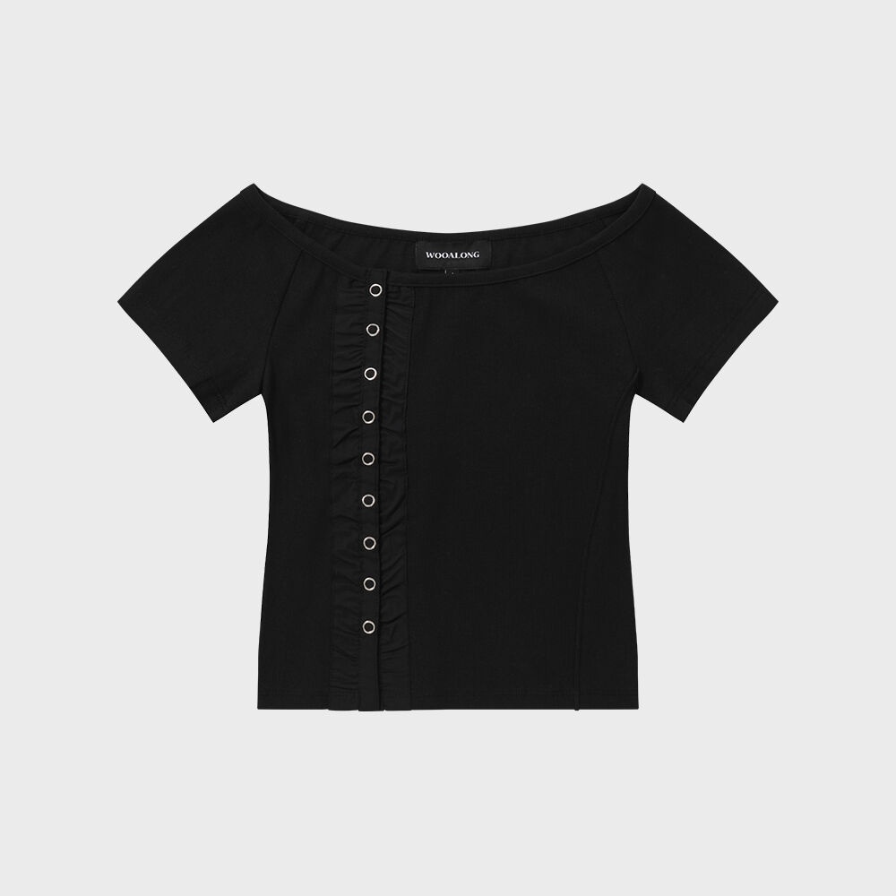 우알롱 Snap off-shoulder T-shirts - BLACK - 위시버킷