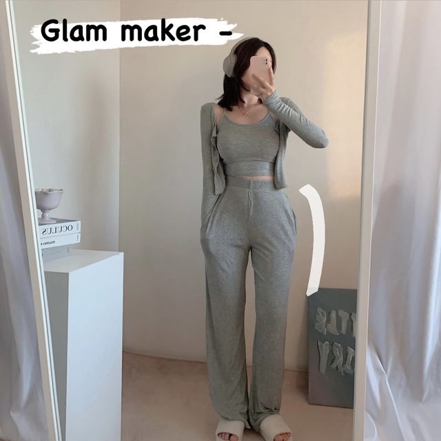 리틀페어리 몸매보정갑![3세트가격/3WAY활용-]백크로스 크롭 골지 끈 나시+단추깔맞춤 긴팔 가디건+하이웨스트 골반보정 일자 와이드 팬츠 트레이닝 츄리닝 바지 set ...