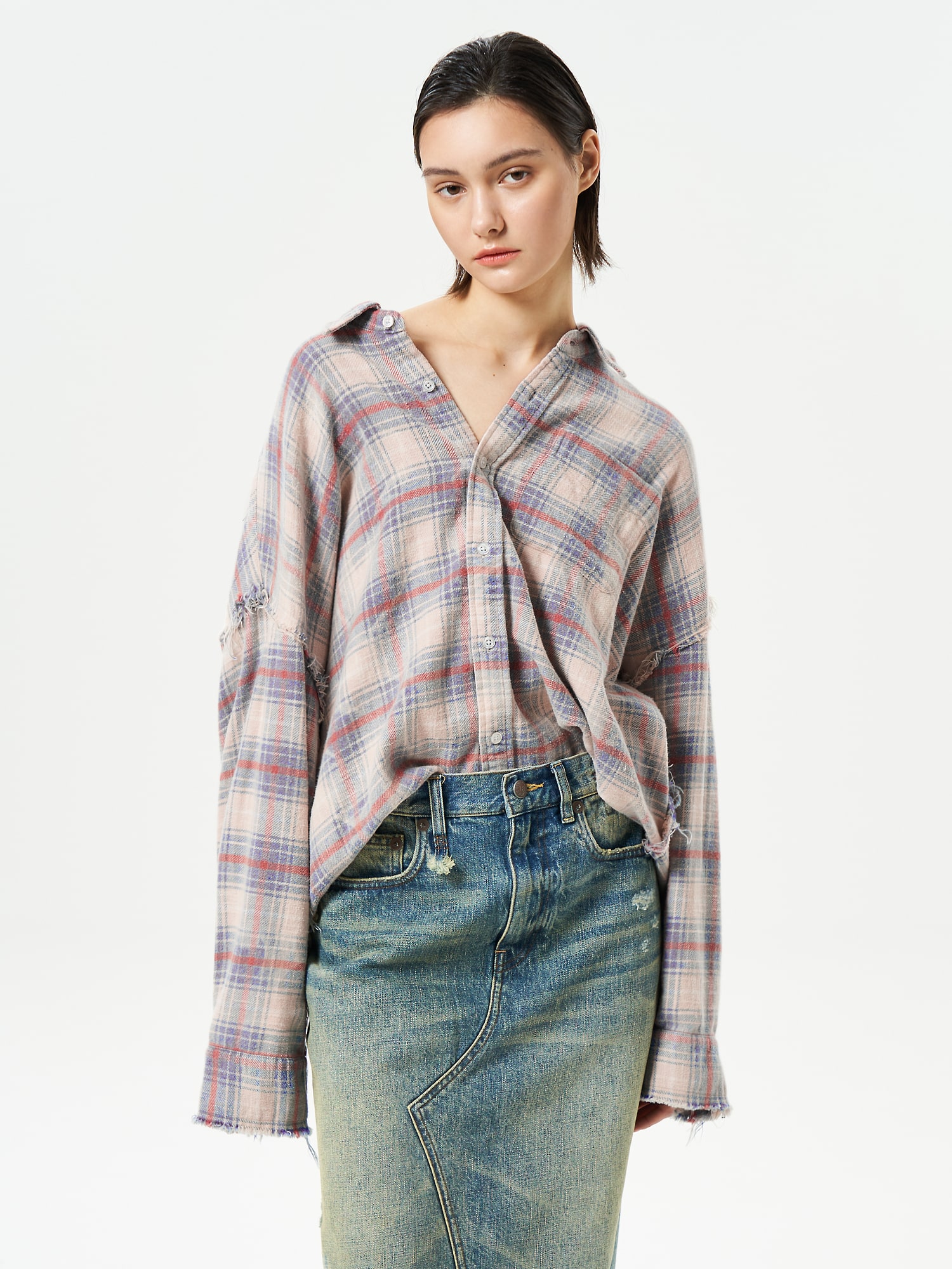 알써틴 Shredded Seam Drop Neck Shirt - Ivory - 위시버킷