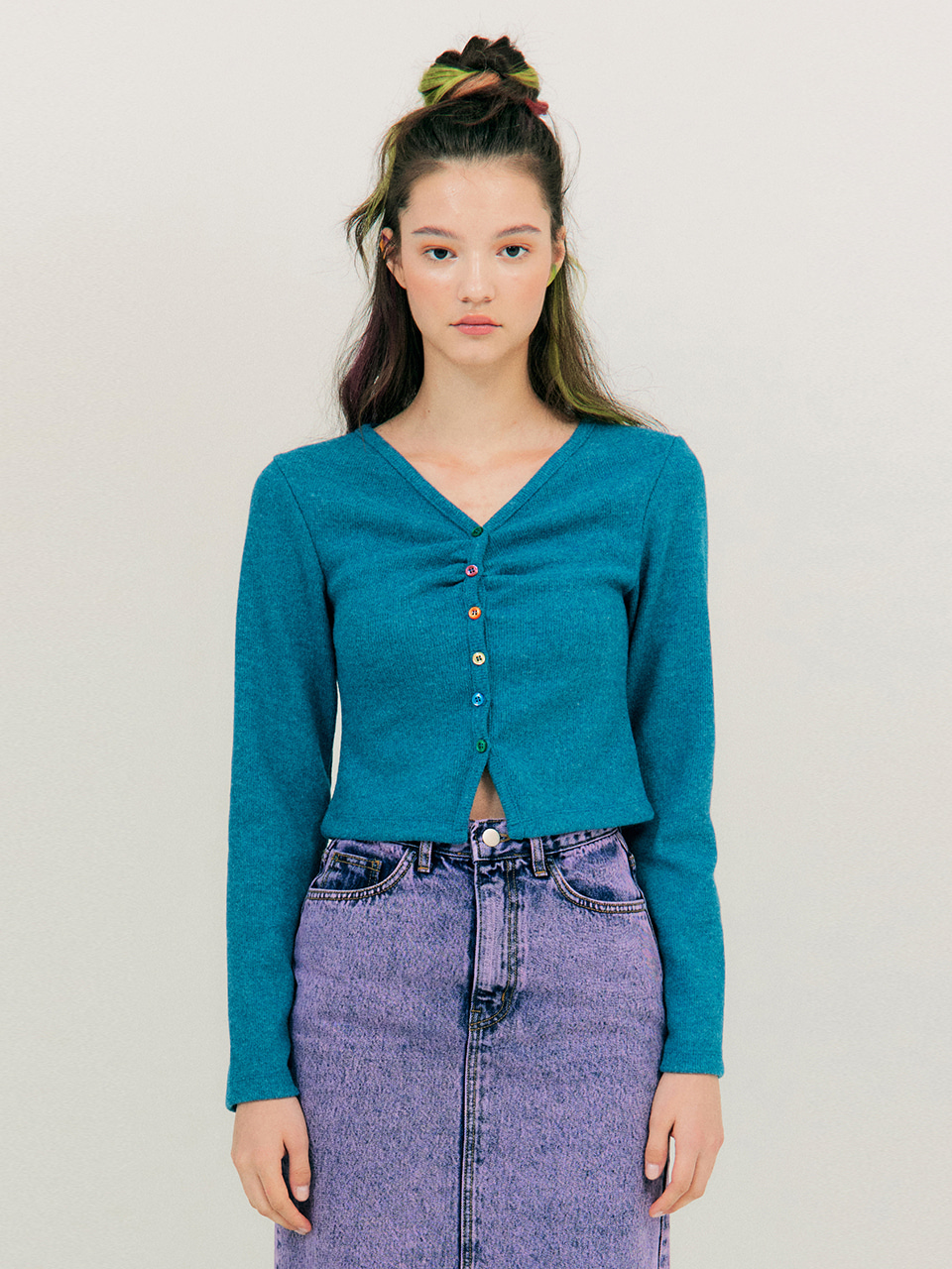 준준스페이스 Button Point Cardigan_Blue - 위시버킷