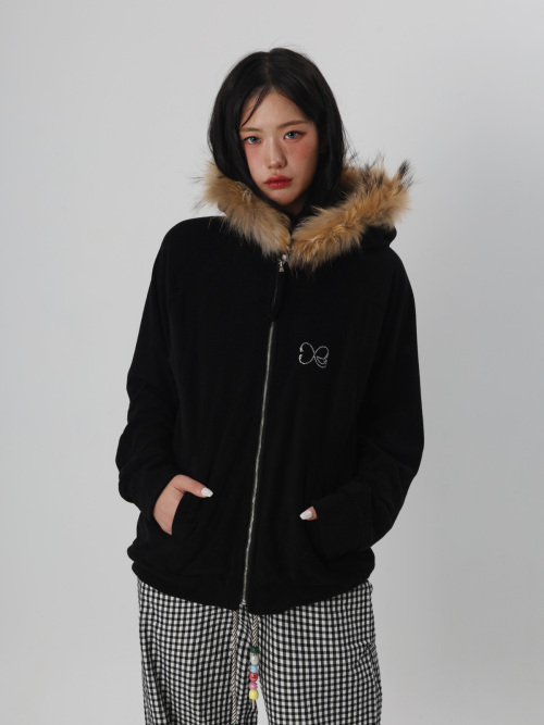 런웨이티켓 Boo Soft Fur Hood Zip-up_Black - 위시버킷