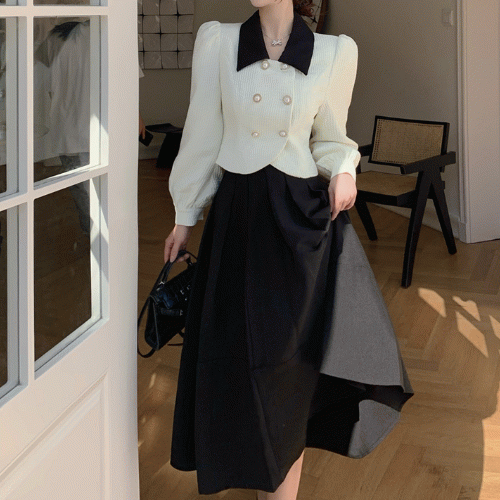 위드포에버 위드포에버 최저가하객룩 화이트펄 골드버튼 블랙카라 크롭자켓 플리츠 롱스커트 투피스 셋업 세트 언발 더블버튼 봄 가을 겨울 신상 결혼식하객룩 고급 우아 페미닌