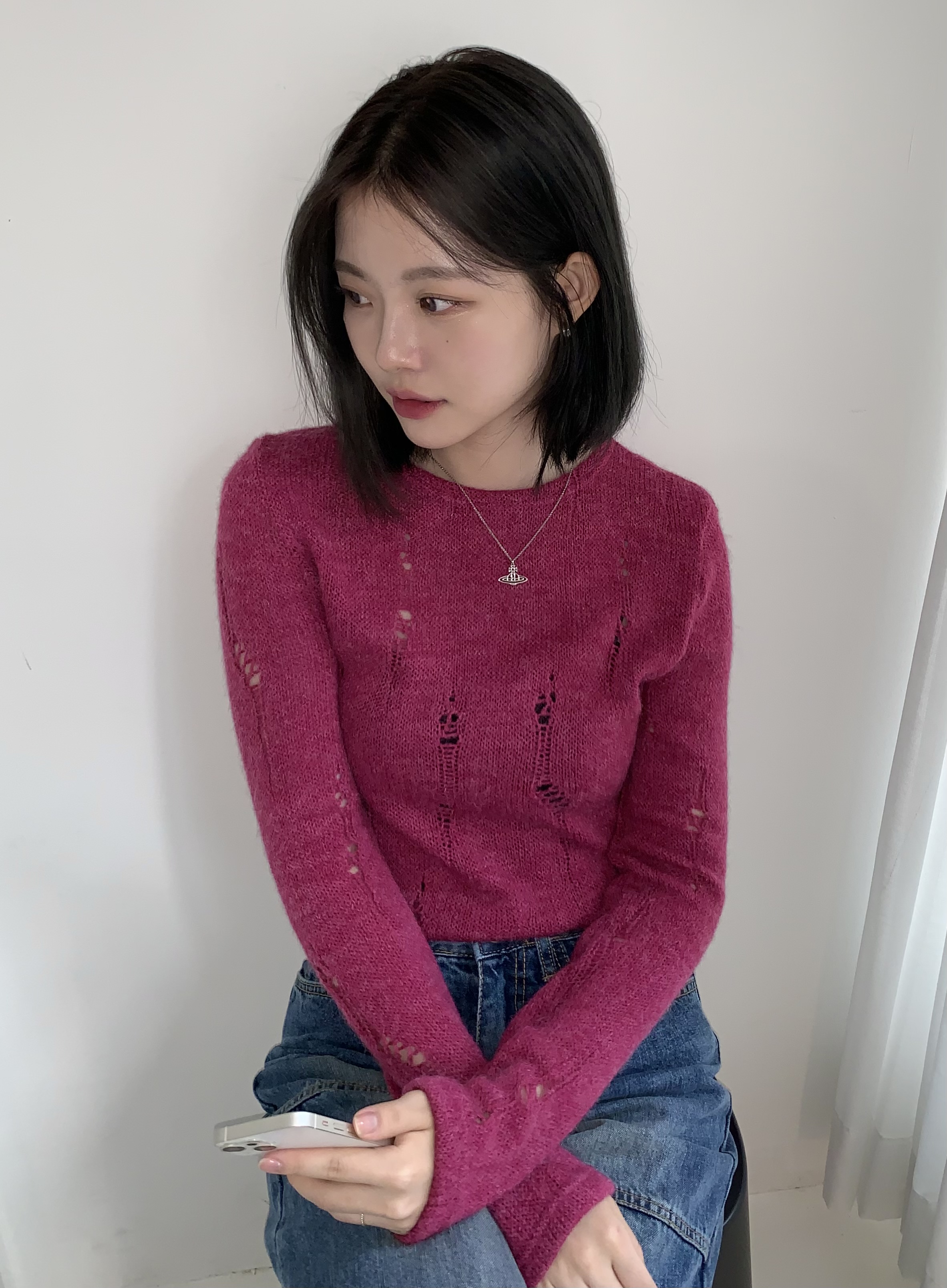 모브앤로지 빈티지 데미지 라운드 긴팔 니트 [3col] - 위시버킷