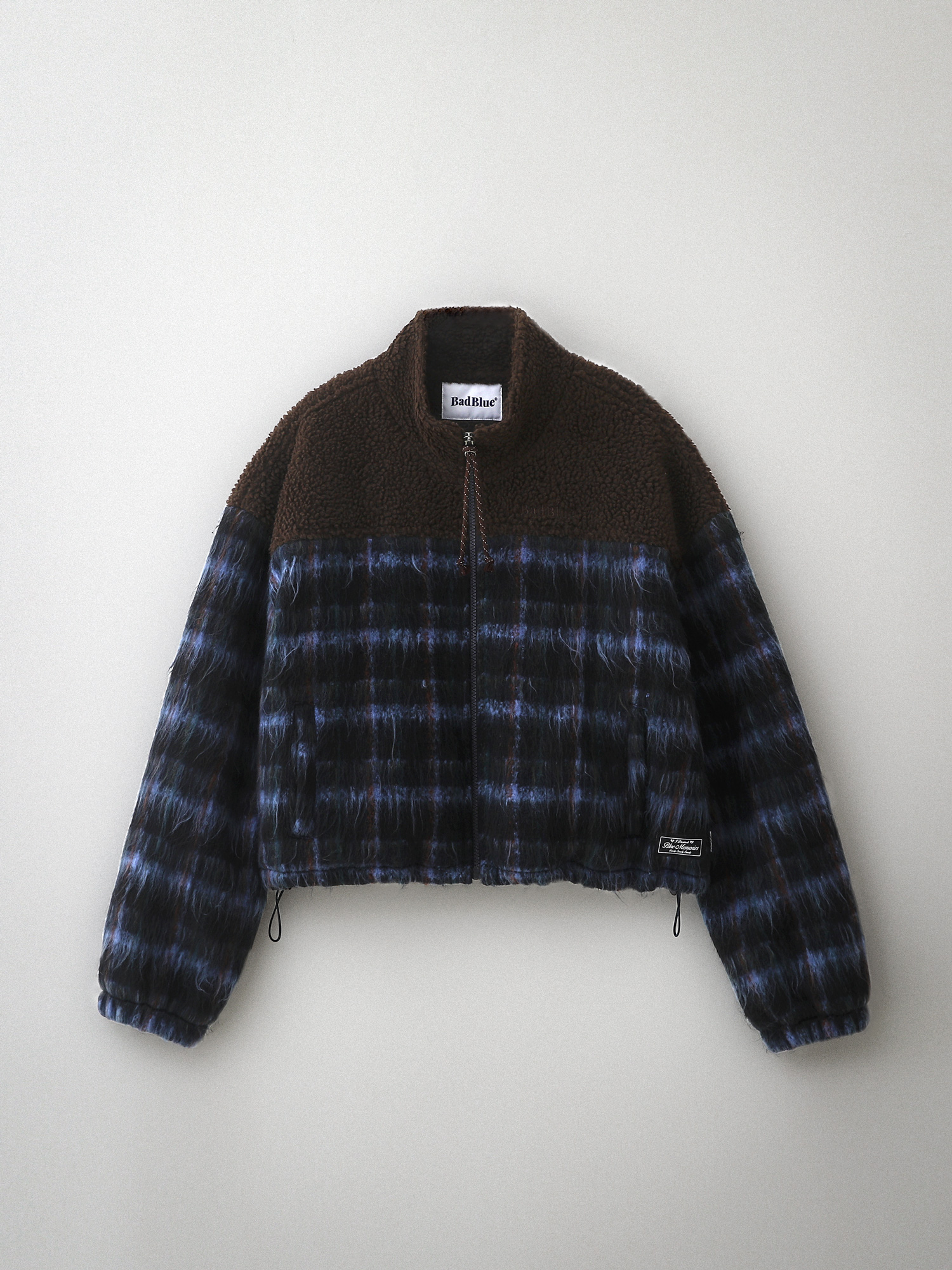 배드블루 Fleece & Wool Check Crop Jacket Navy - 위시버킷