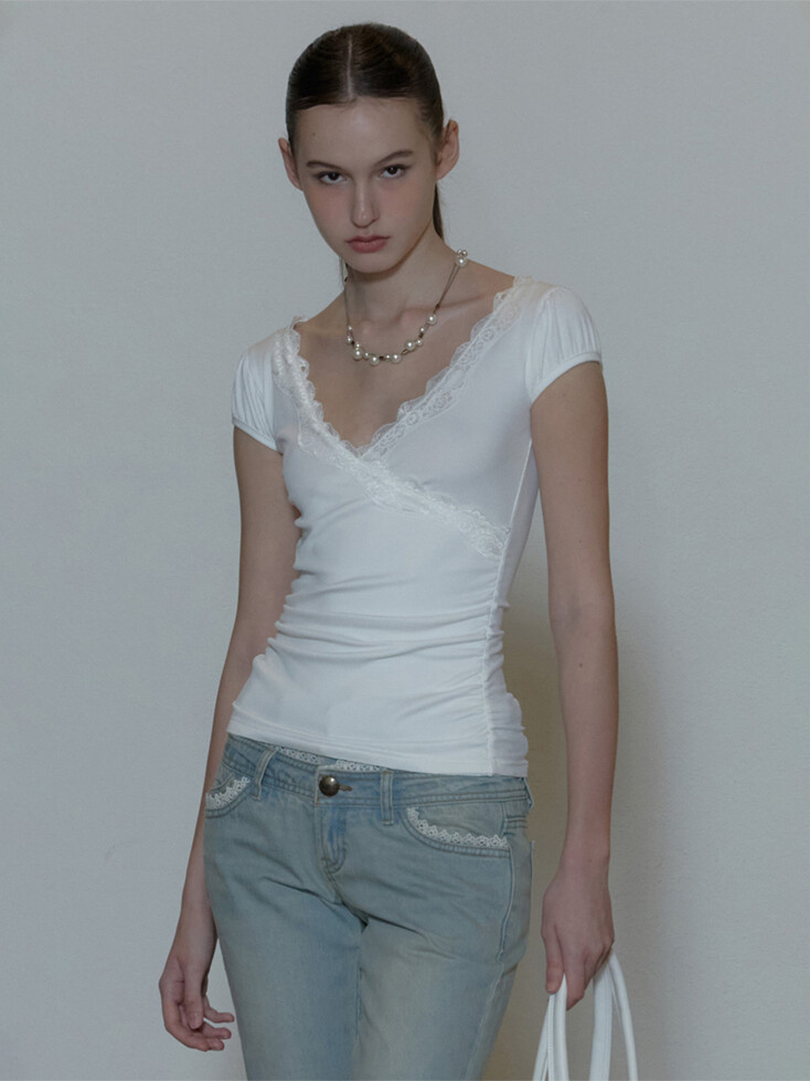 스컬프터 Lace Trim Wrap Tee White - 위시버킷