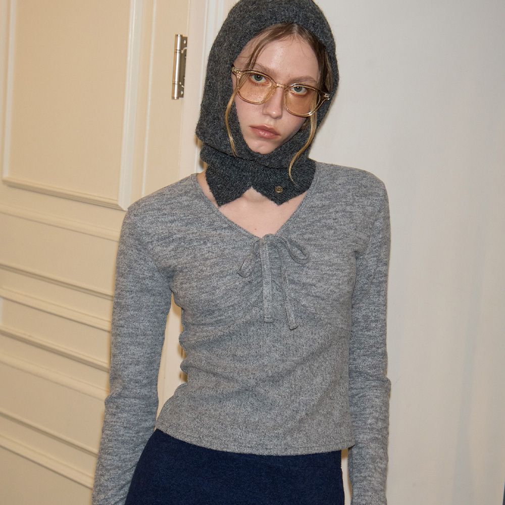 살롱 드 욘 V-neck Ribbon Shirring Knit_ Gray - 위시버킷