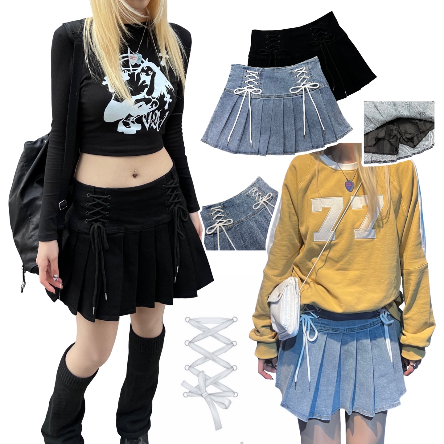 요치요치 String eyelet ribbon pleats skirt (2color) - 위시버킷