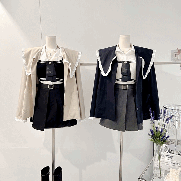 이프유마인 최저가 예쁨보장프레피룩 가을 오버핏 콤비 배색 프릴 세일러 빅 카라 긴팔 롱 자켓 싱글 하프 코트 2color 가을자켓 가을점퍼 가을아우터 카라