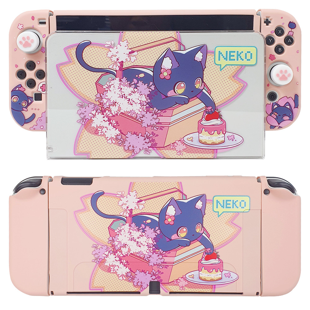 우리스타일 닌텐도 스위치 OLED 핑크 고양이 케익 동물 귀여운 캐릭터 조이콘 실리콘 독 풀셋 커버 - 위시버킷