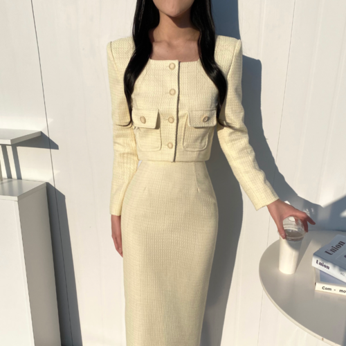 에이홉 에이홉 데빈 트위드 자켓 롱 스커트 셋업 숏 크롭 롱 미디 하이웨스트 하객룩 결혼식 예복 세트 투피스 위시버킷