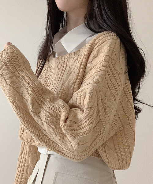 투게더위드미 넓은 넥라인 숏기장 이너 레이어드 U넥 꽈배기 케이블 크롭 긴팔 오버핏 가을 니트 네이비 베이지 핑크 소라 아이보리 가을옷 위시버킷