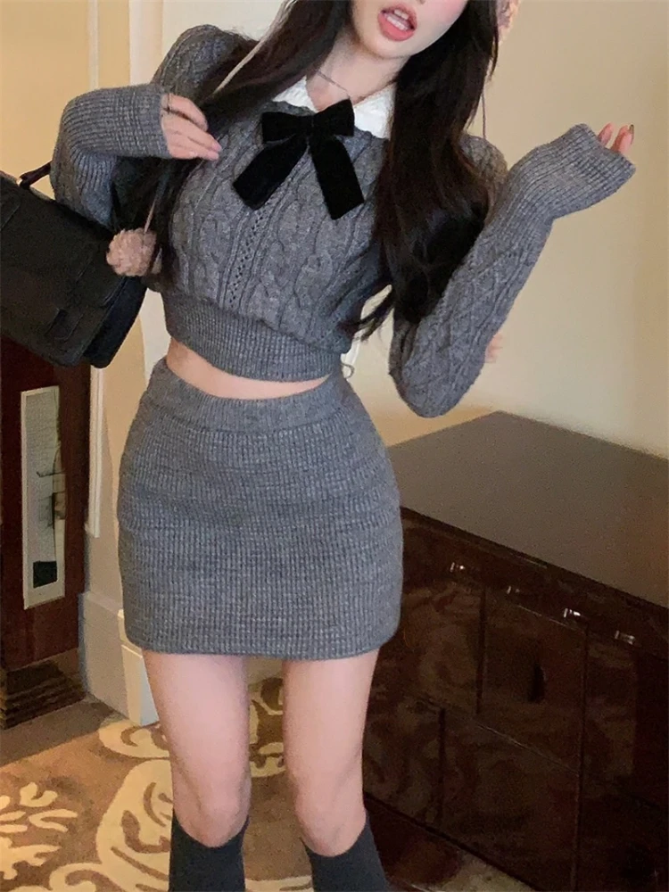 여성용 그레이 스웨터 니트 수트 캐주얼 긴 소매 보우 Y2k 미니 드레스 여성 2 피스 세트 한국 패션 시크 아우터