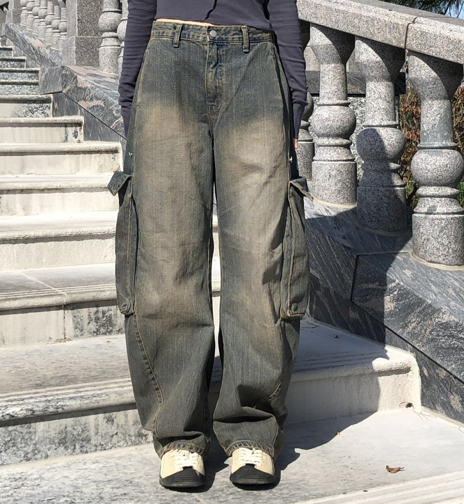 인오어아더 코이 커브 카고 빈티지워싱 유니크 포켓 와이드 데님 OOTJ바지 오오티제이 - 위시버킷