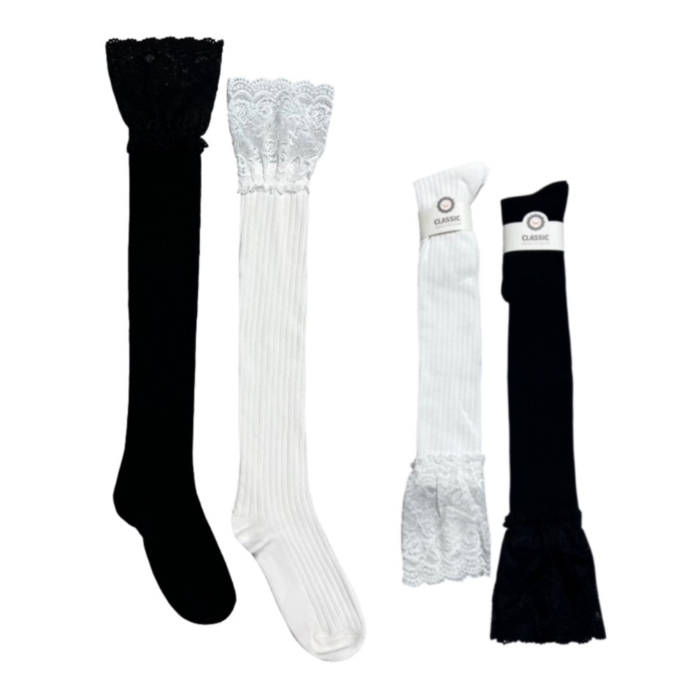 요치요치 Lace ribbed knee-socks (2color) - 위시버킷