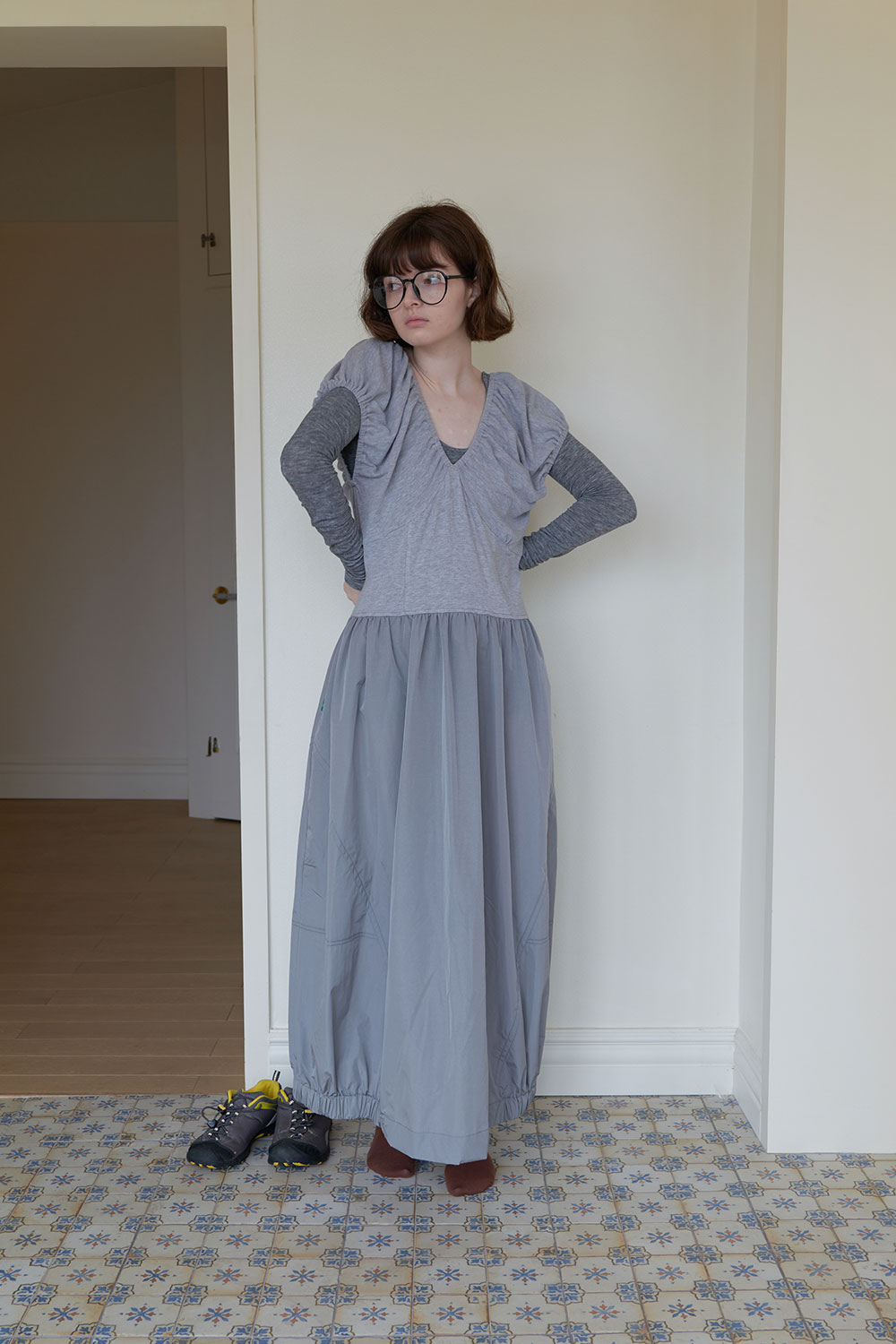 노컨텐츠 18. Mixed shirring band dress _ Grey - 위시버킷