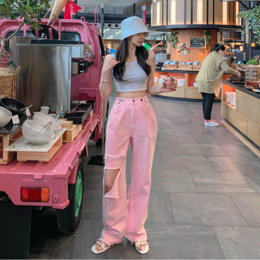 워너비뮤즈 무배🚀 허리조절ok💖made 찢청 Y2k 개미허리 핀턱 비죠 쓰리 버튼 롱 하이웨스트 여름 와이드 벨트 팬츠 데미지 청바지 썸머 면바지 무파진 흠뻑쇼 워터밤