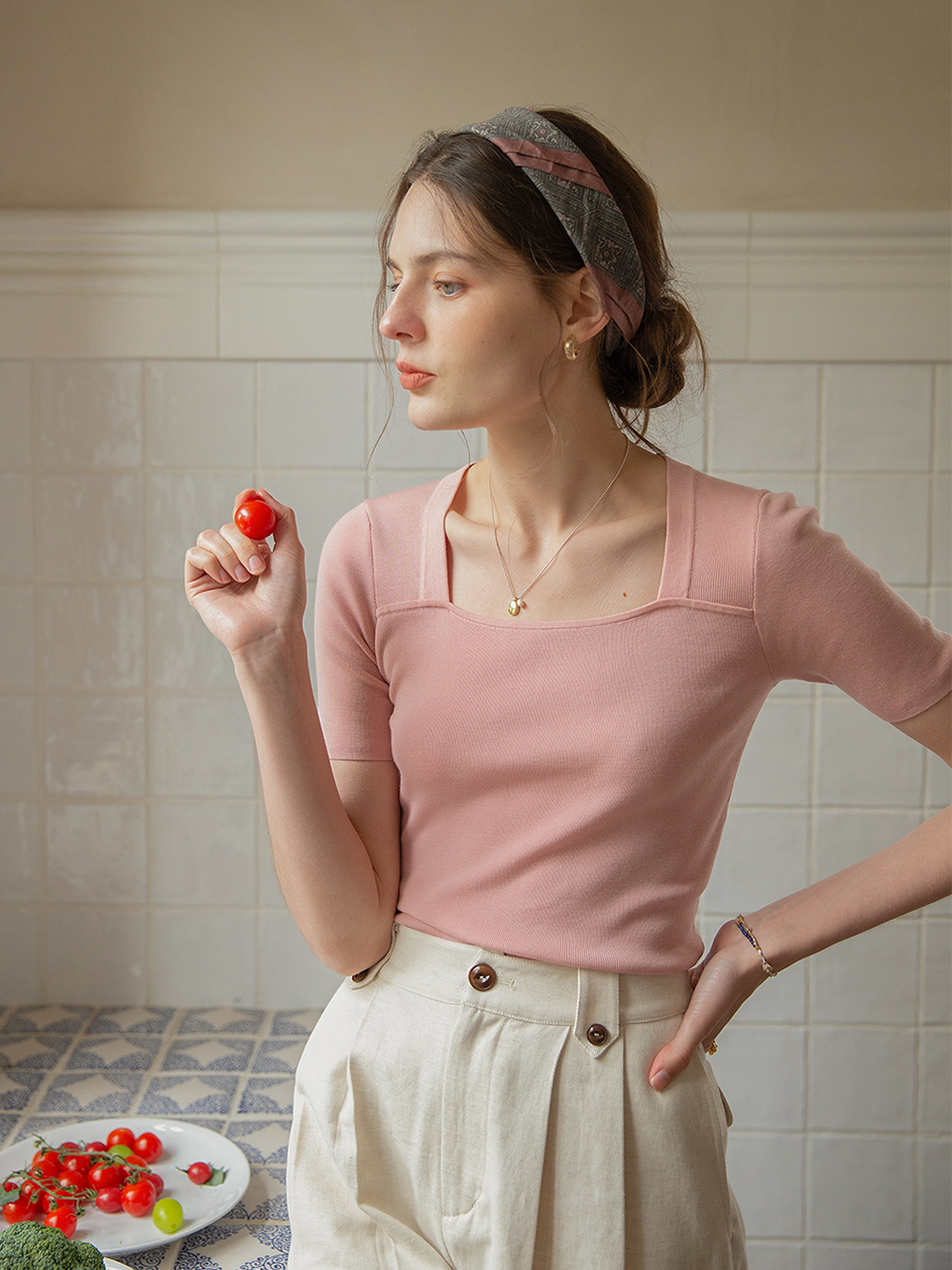 르니나 GWEN square neck half knit_pink - 위시버킷