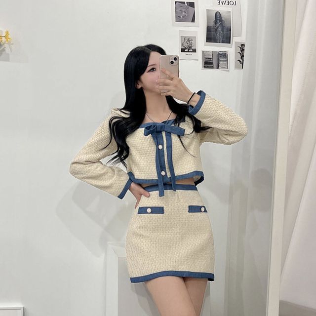 유어다이어리 Set~m 리본 브로치 스퀘어넥 금장 버튼 배색 트위드 부클 자켓 데님 퍼프 셔링 페미닌 셔츠 크롭 숏 자켓 러블리 A라인 하객룩 미니 스커트 셋업