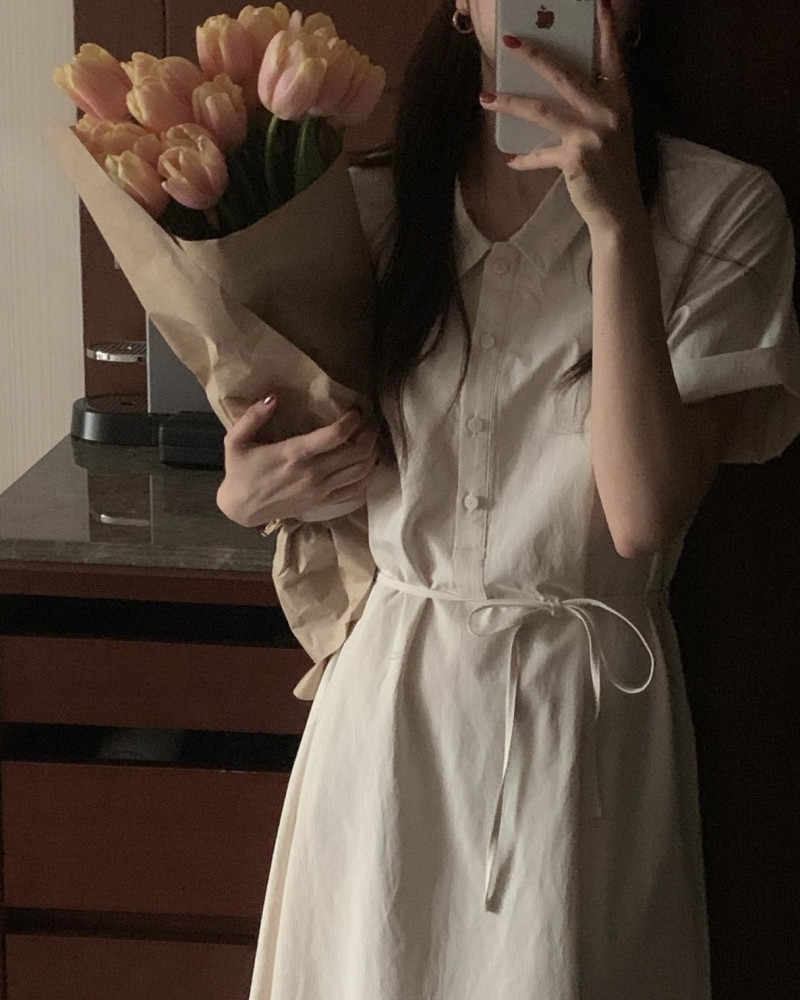 버베인 차콜 당일 / 버베인 엘렌 카라 원피스 코튼 반팔 A라인 롱 ops (2col) - 위시버킷