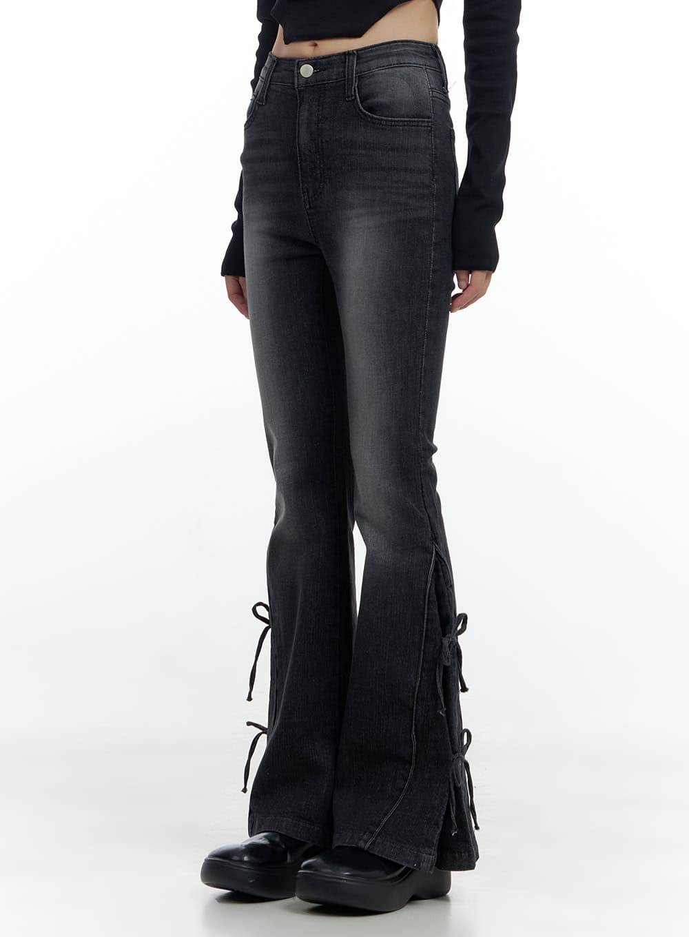 CC Flora Ribbon Washed Bootcut Jeans CS420 - Black / 1XS - 위시버킷