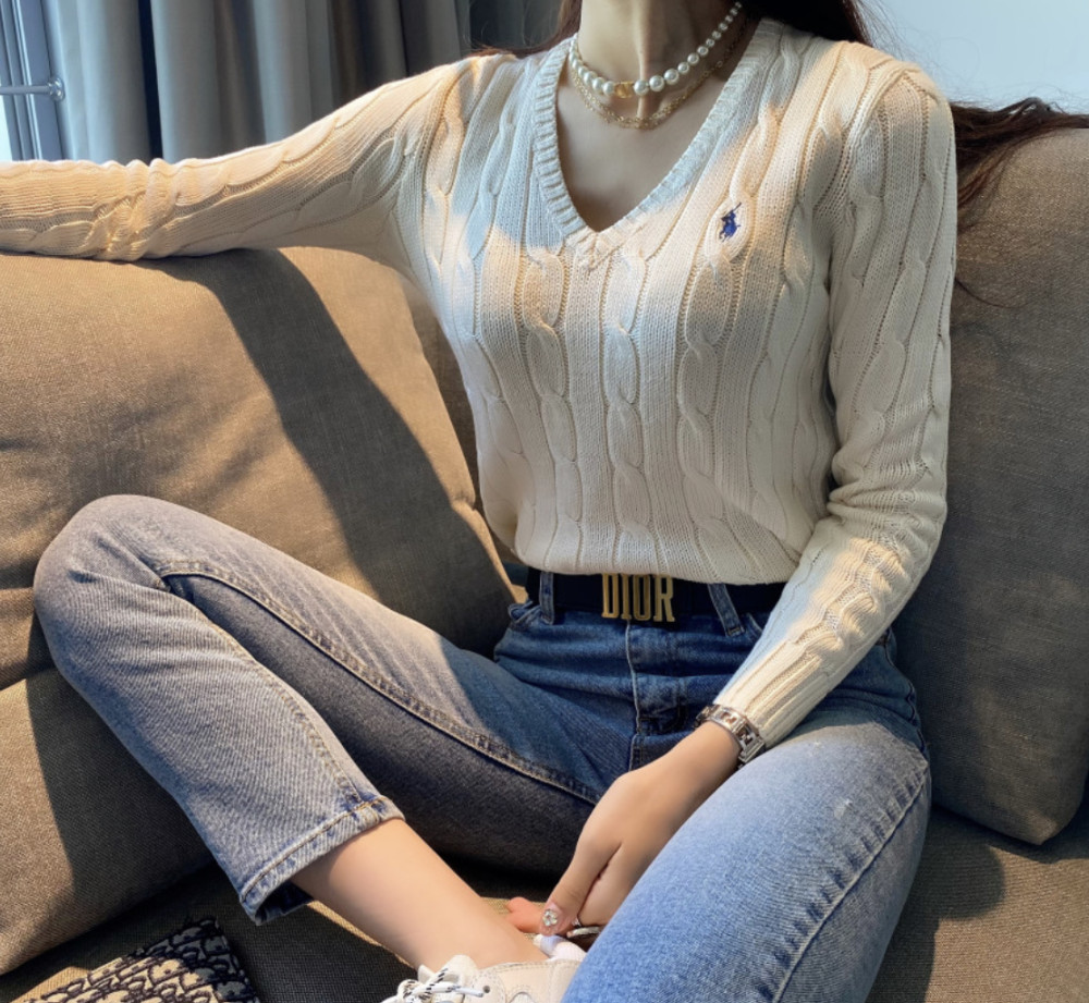 폴로 랄프 로렌 21F/W백화점)폴로랄프로렌 브이넥 케이블 여성 니트(블랙/아이보리) - 위시버킷